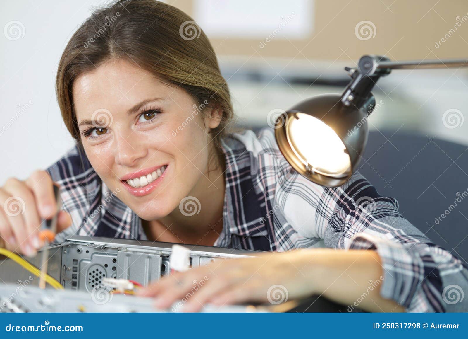 Happy Female Technician Working with Transistor Stock Photo - Image of ...
