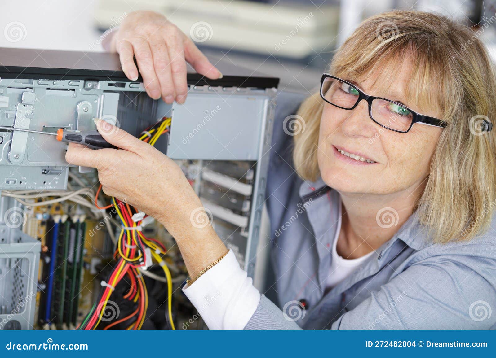 Happy Female Technician Working with Transistor Stock Photo - Image of ...