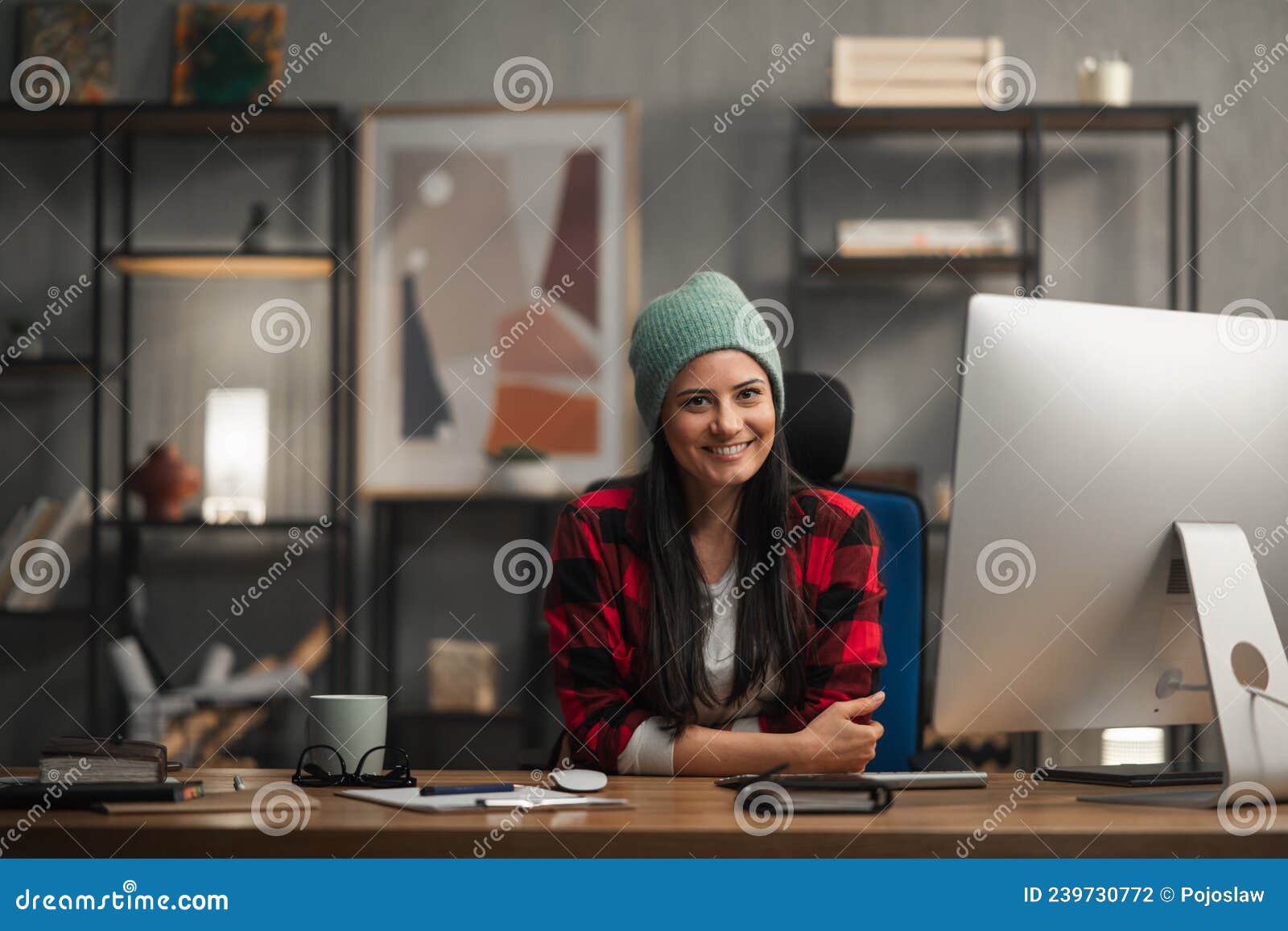 Happy Female Video Editor Works Indoors in Creative Office Studio ...