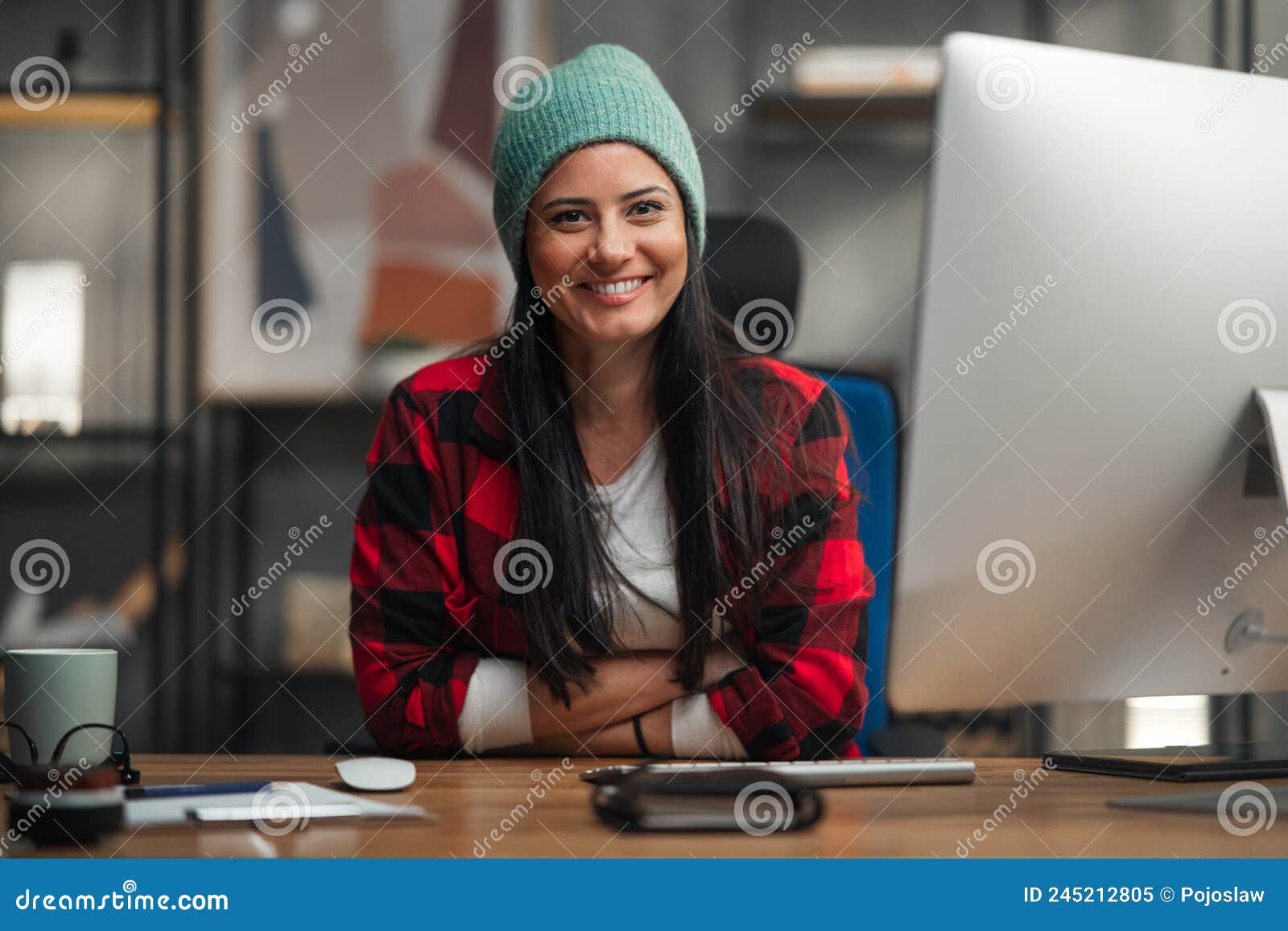 Happy Female Video Editor Works Indoors in Creative Office Studio ...