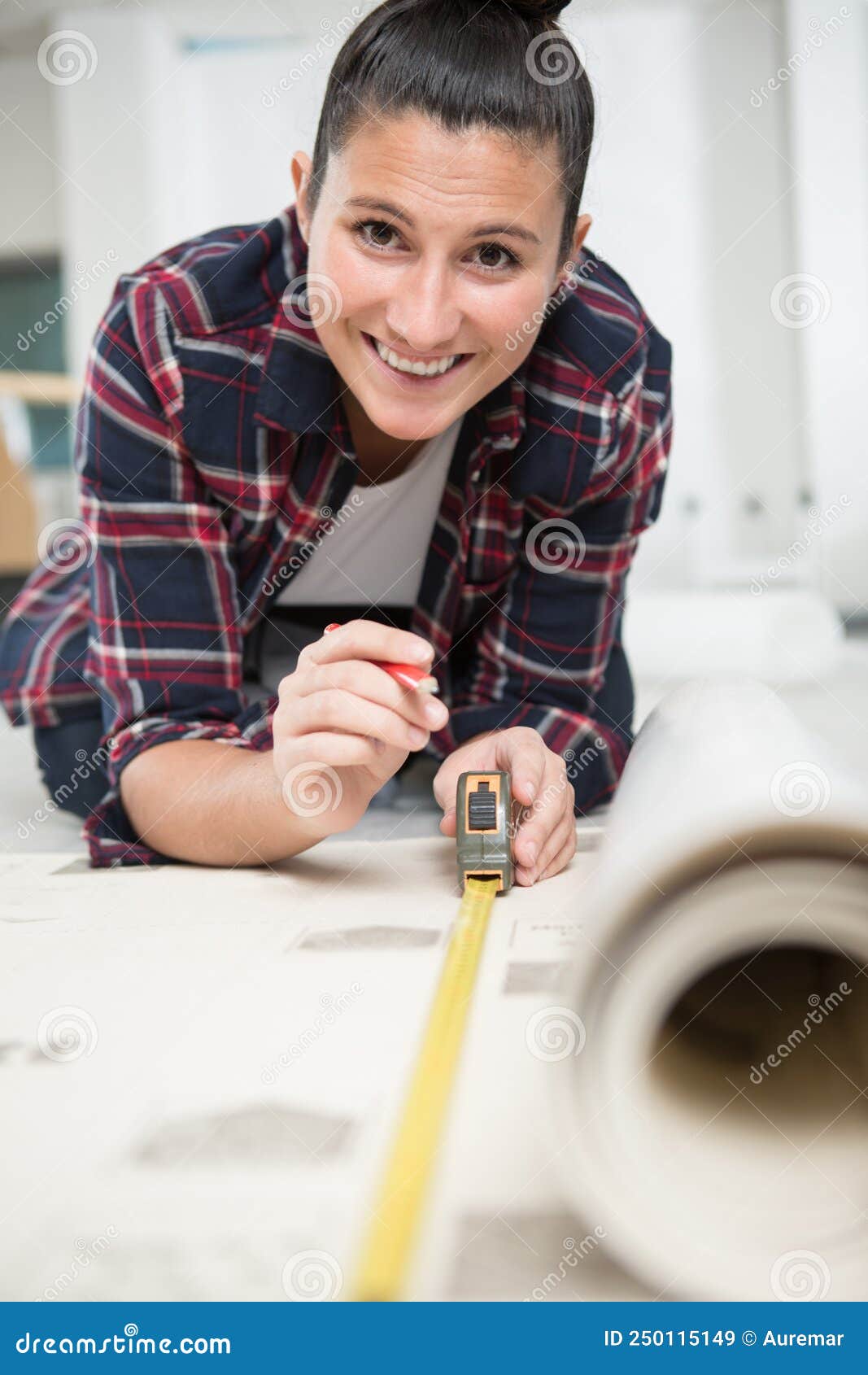 Happy Female Worker Measuring Piece Carpet Stock Image - Image of ...