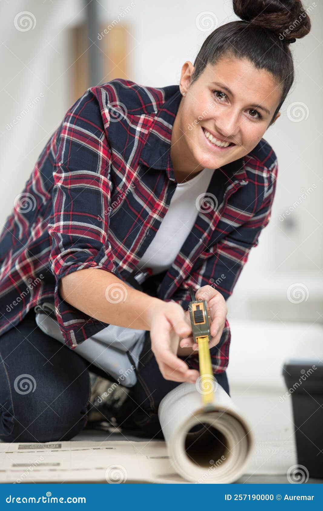 Happy Female Worker Measuring Piece Carpet Stock Photo - Image of ...