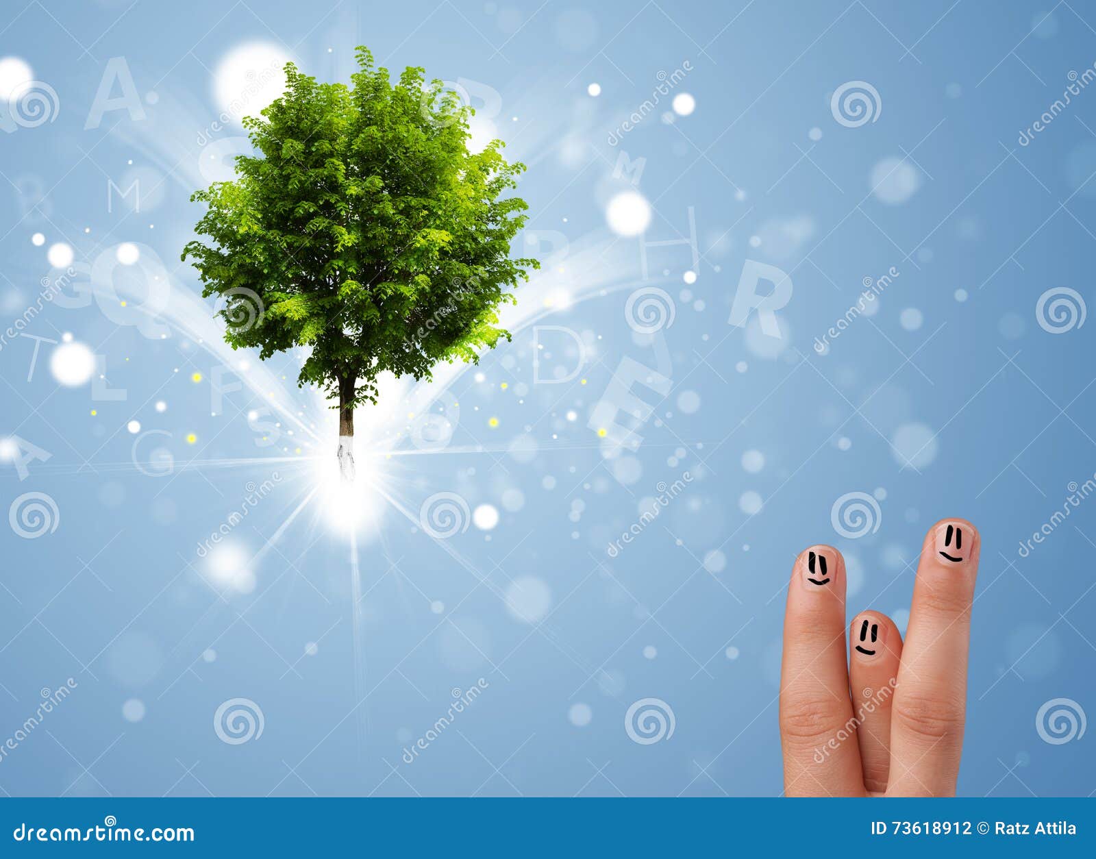 Happy Finger Smileys with Green Magical Glowing Tree Stock Photo ...