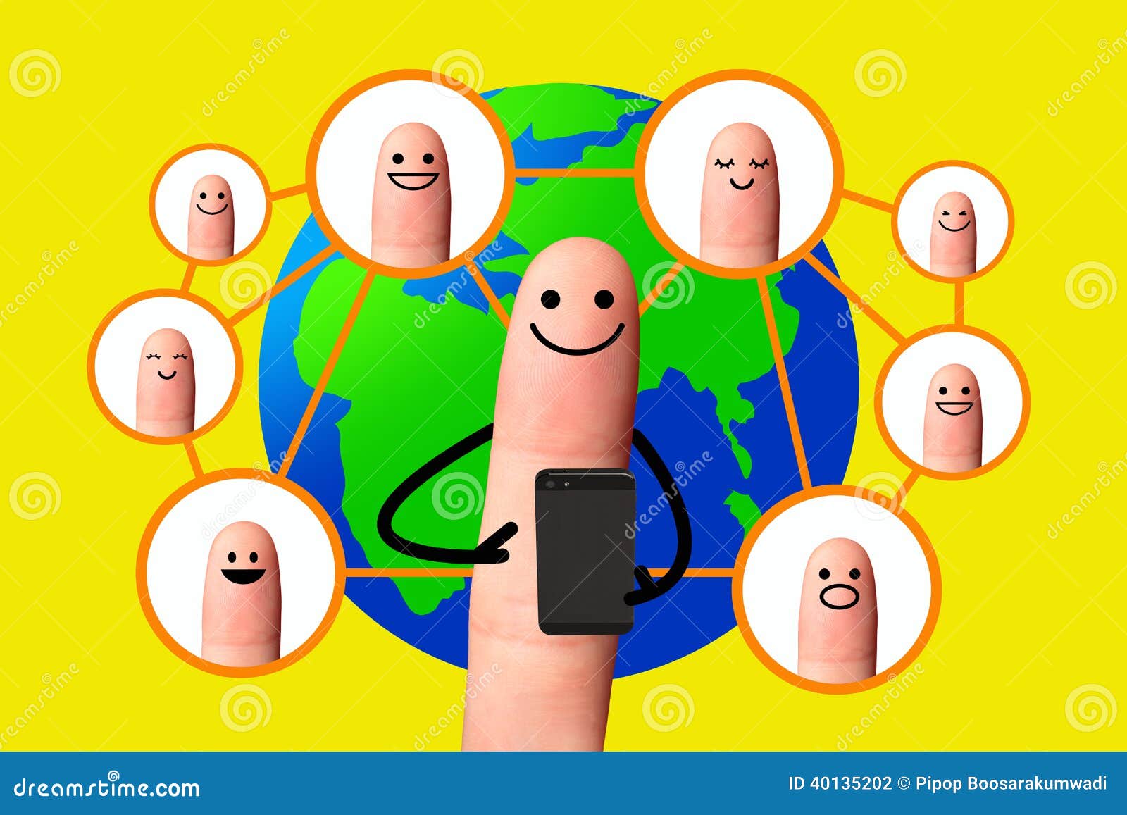 Happy Finger Using Mobile Phone with World Map, Social Network C Stock ...