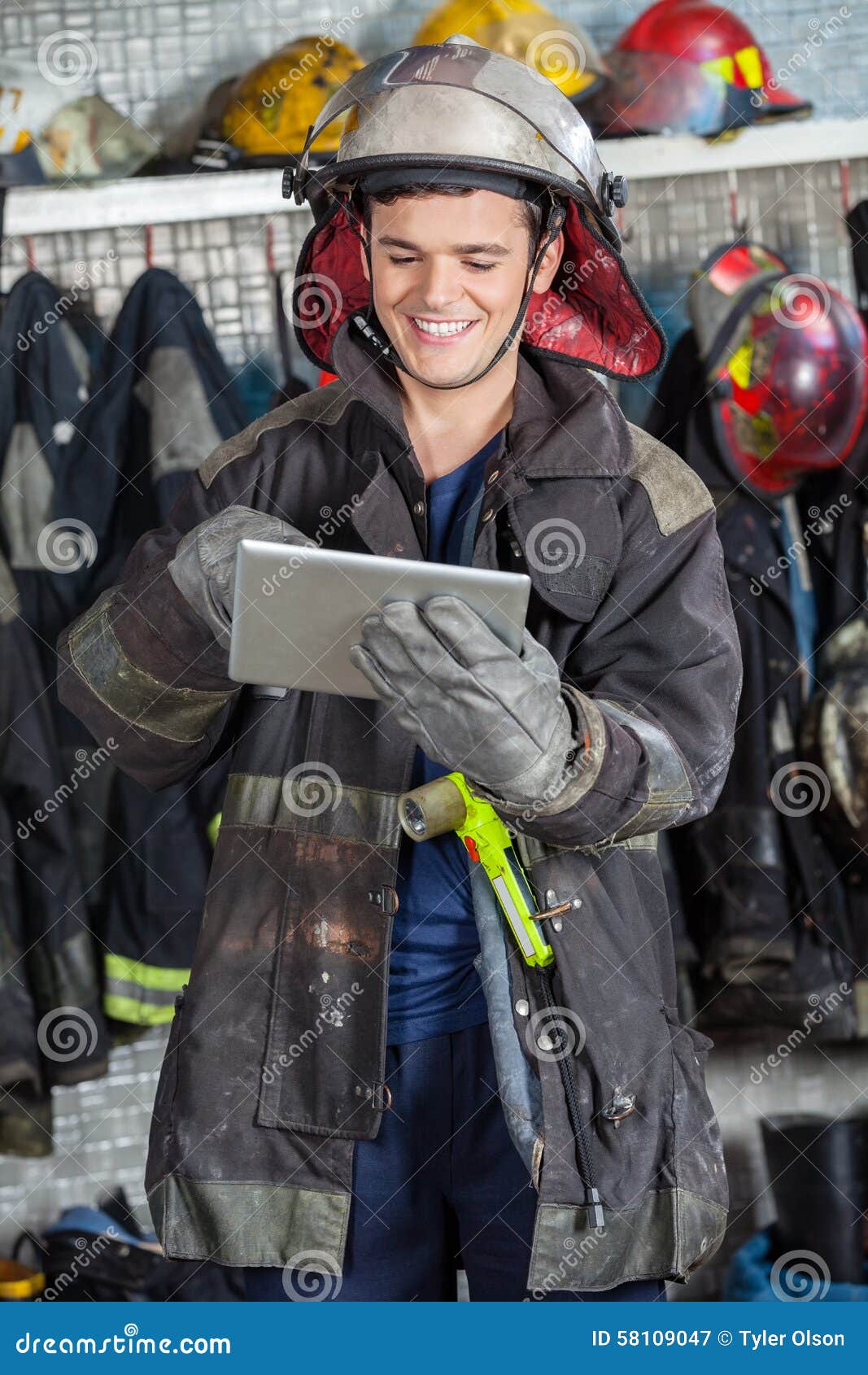 Happy Fireman Using Digital Tablet Stock Image - Image of computer ...