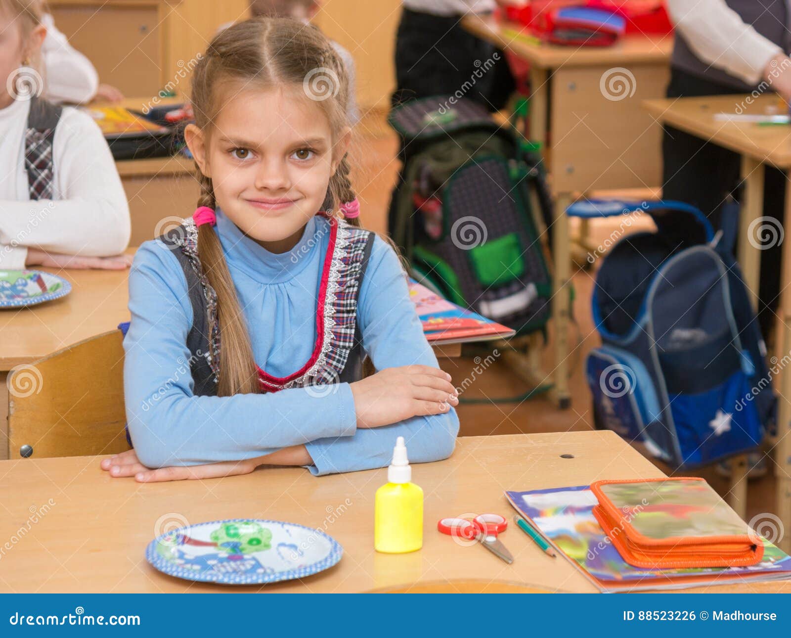 Happy First Grader at Lesson in School of Technology, Look in the Frame ...
