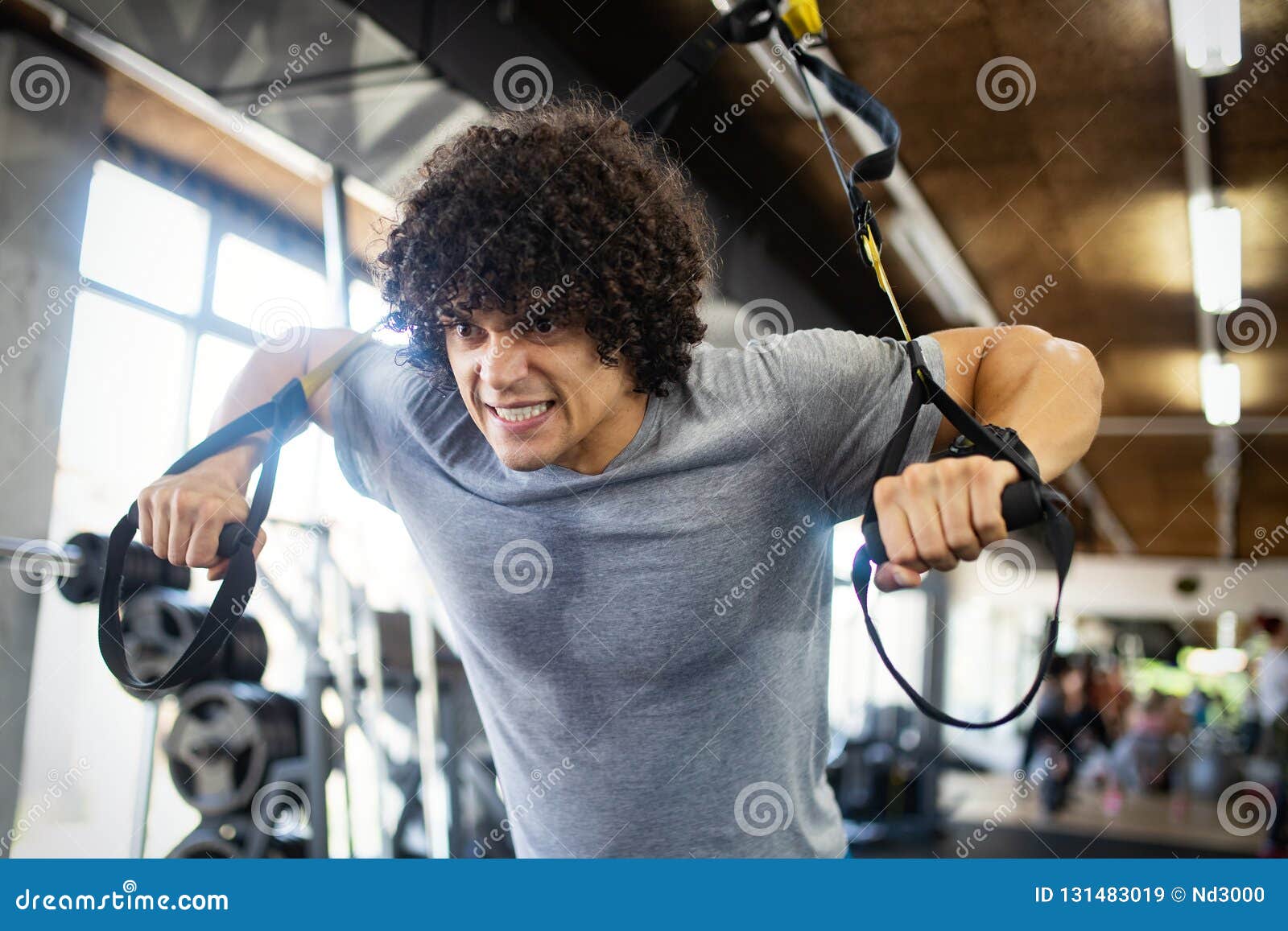 Handsome Happy Fit Man Doing Exercises in Gym Stock Image - Image of ...