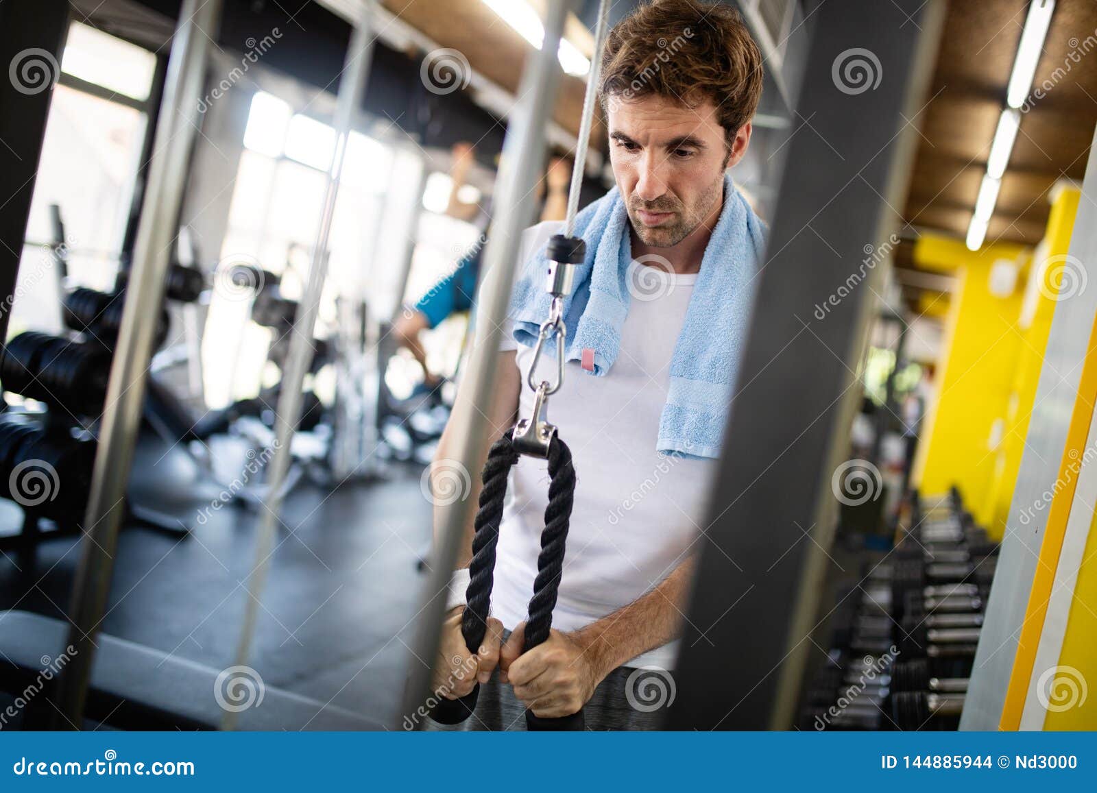 Handsome Happy Fit Man Doing Exercises in Gym Stock Photo - Image of ...