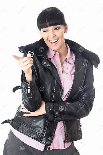 Happy Flirtatious Cheerful Attractive Young Woman Pointing And Winking