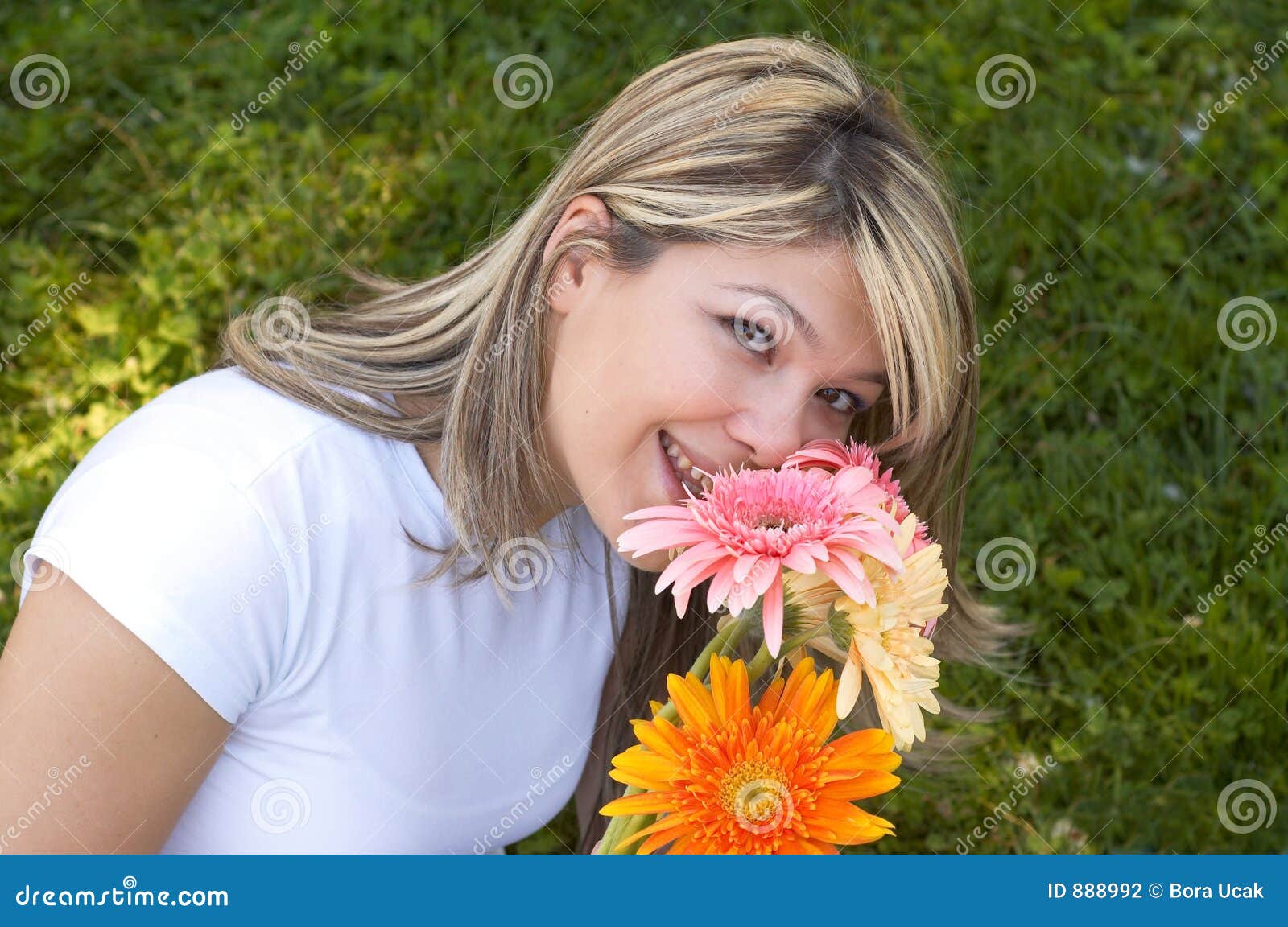 Happy with flowers stock photo. Image of front, love, fresh - 888992