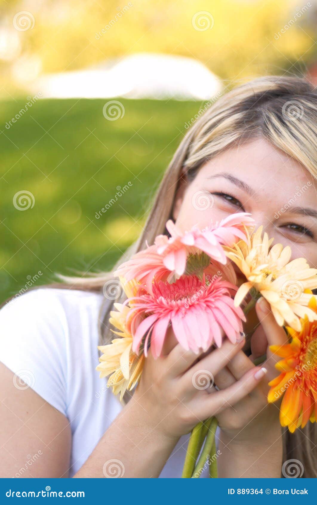 Happy with flowers stock photo. Image of female, girl, beautiful - 889364