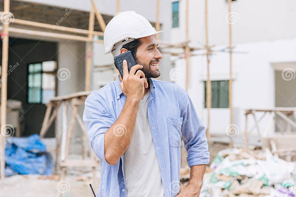 Happy Foreman Builder Using Smart Phone Calling Business Contact in ...