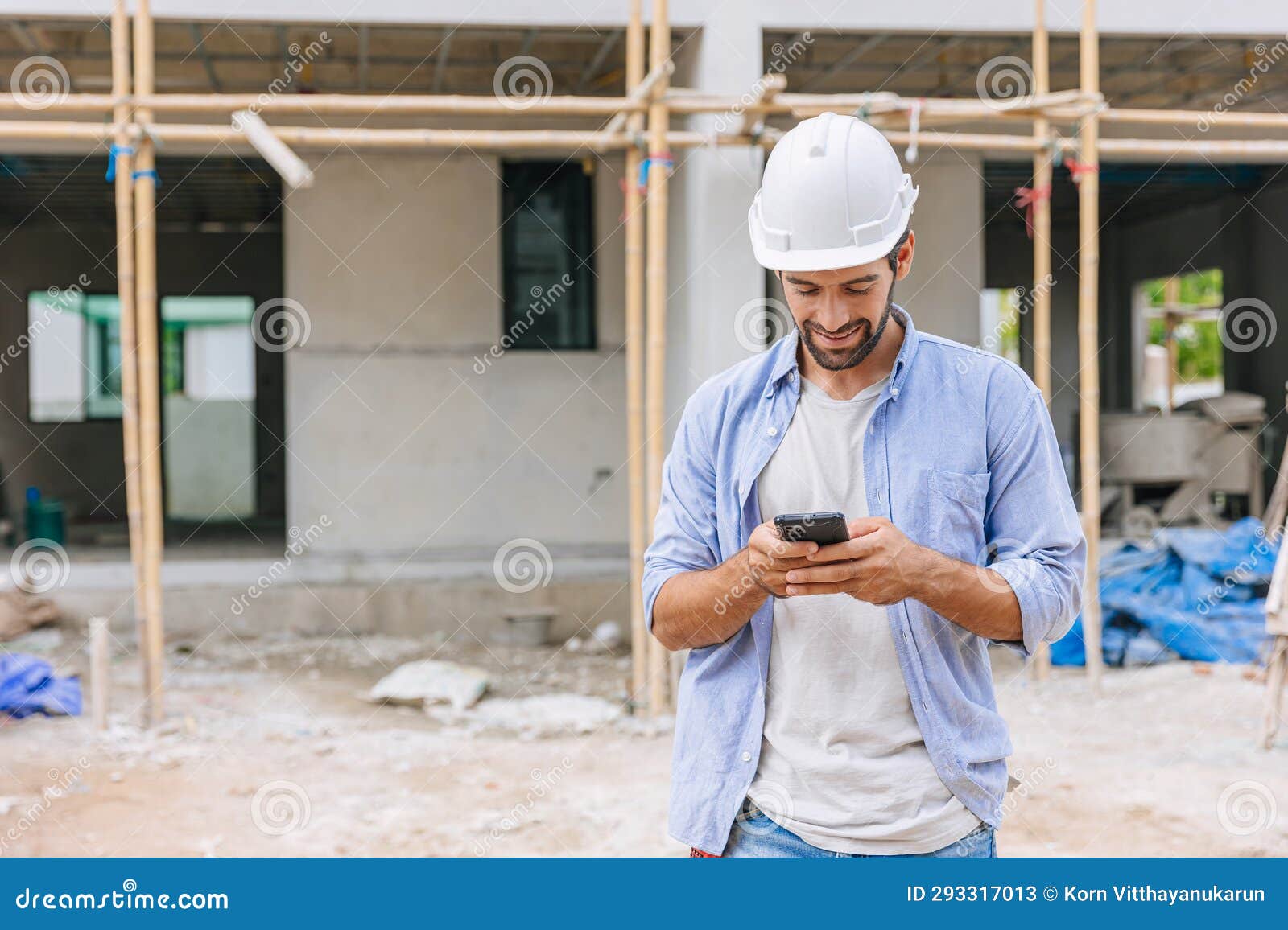 Happy Foreman Builder Using Smart Phone Calling Business Contact in ...