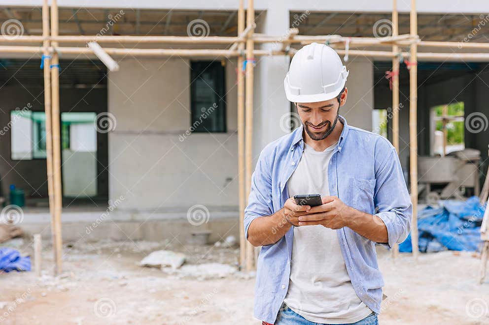 Happy Foreman Builder Using Smart Phone Calling Business Contact in Construction Site ...