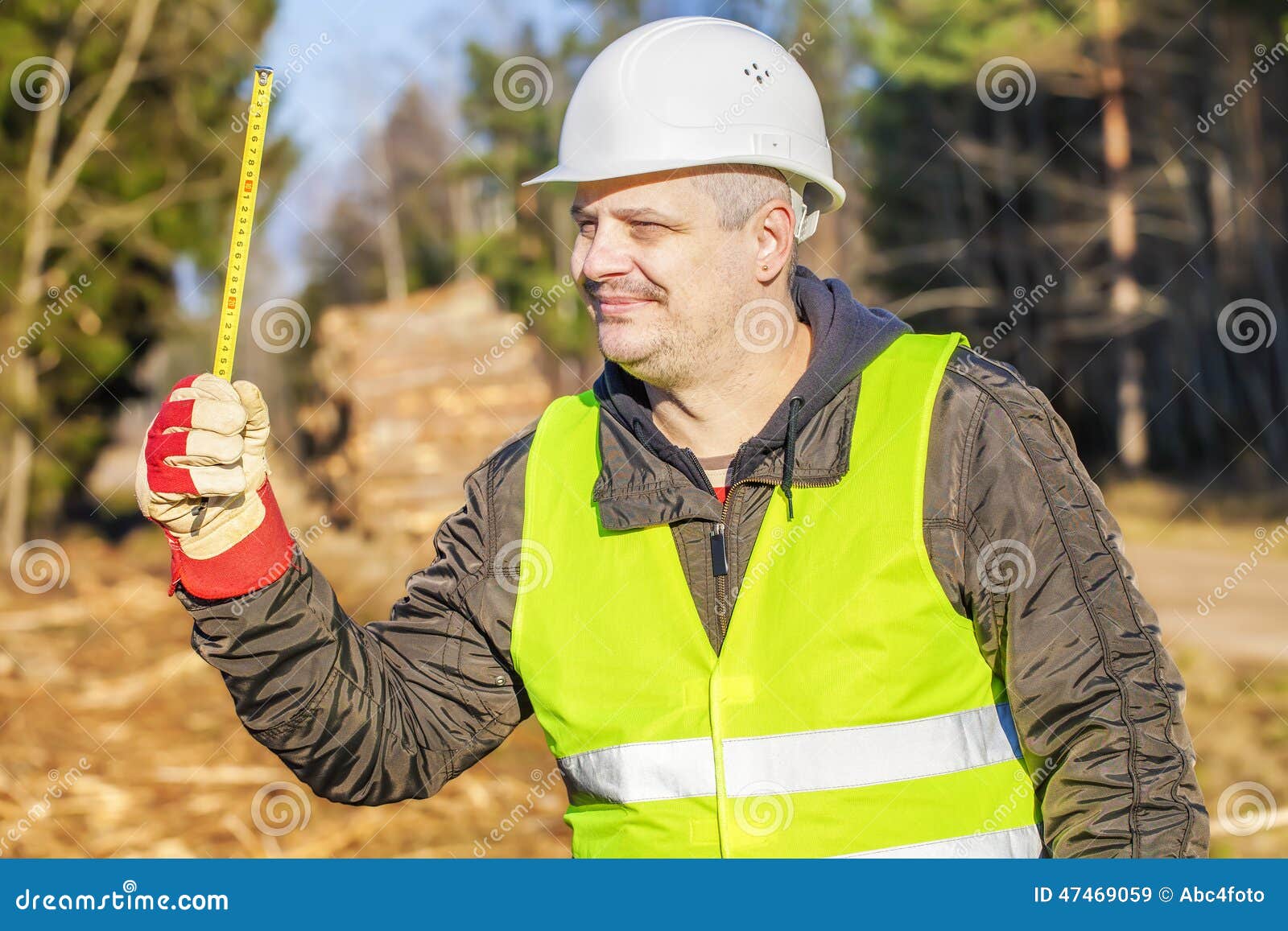 Happy Forest Engineer with a Tape Measure in Forest Stock Image - Image ...