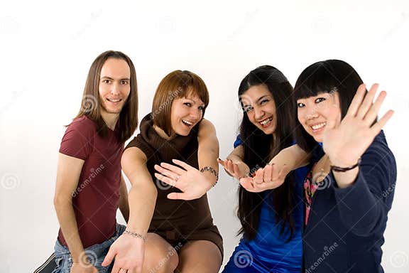 Happy four friends stock image. Image of friendship, hands - 12563123