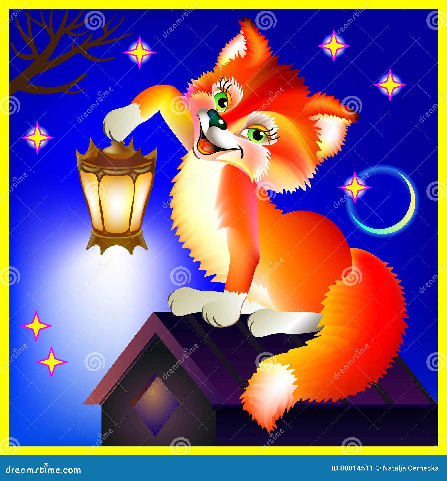 Happy Fox Holding a Lantern at Night. Stock Vector - Illustration of ...