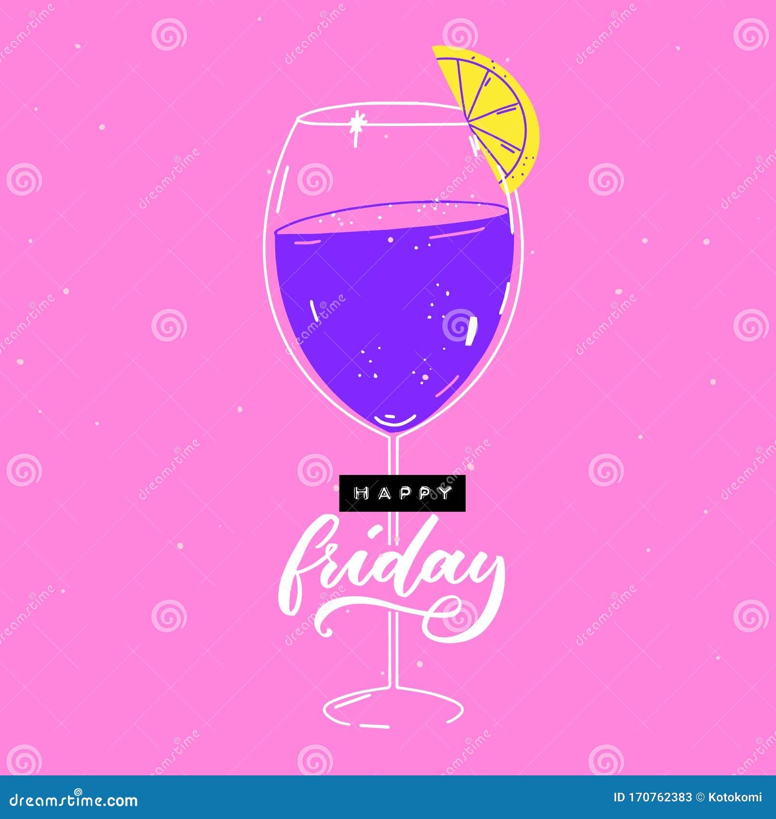 Happy Friday - Embossed Type Label, Script Calligraphy and Cocktail ...