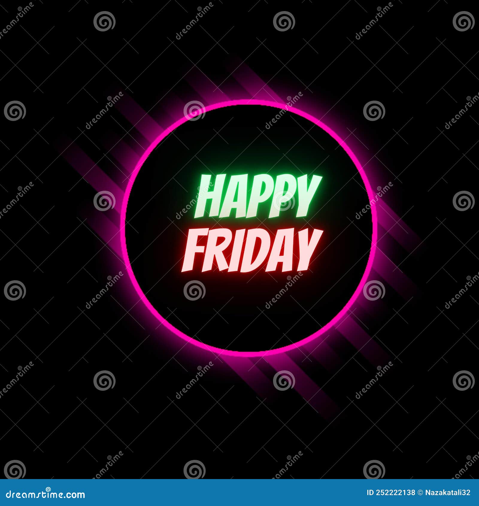 Happy Friday Greeting Glowing Neon Text with Colorful Neon Ring & Black ...