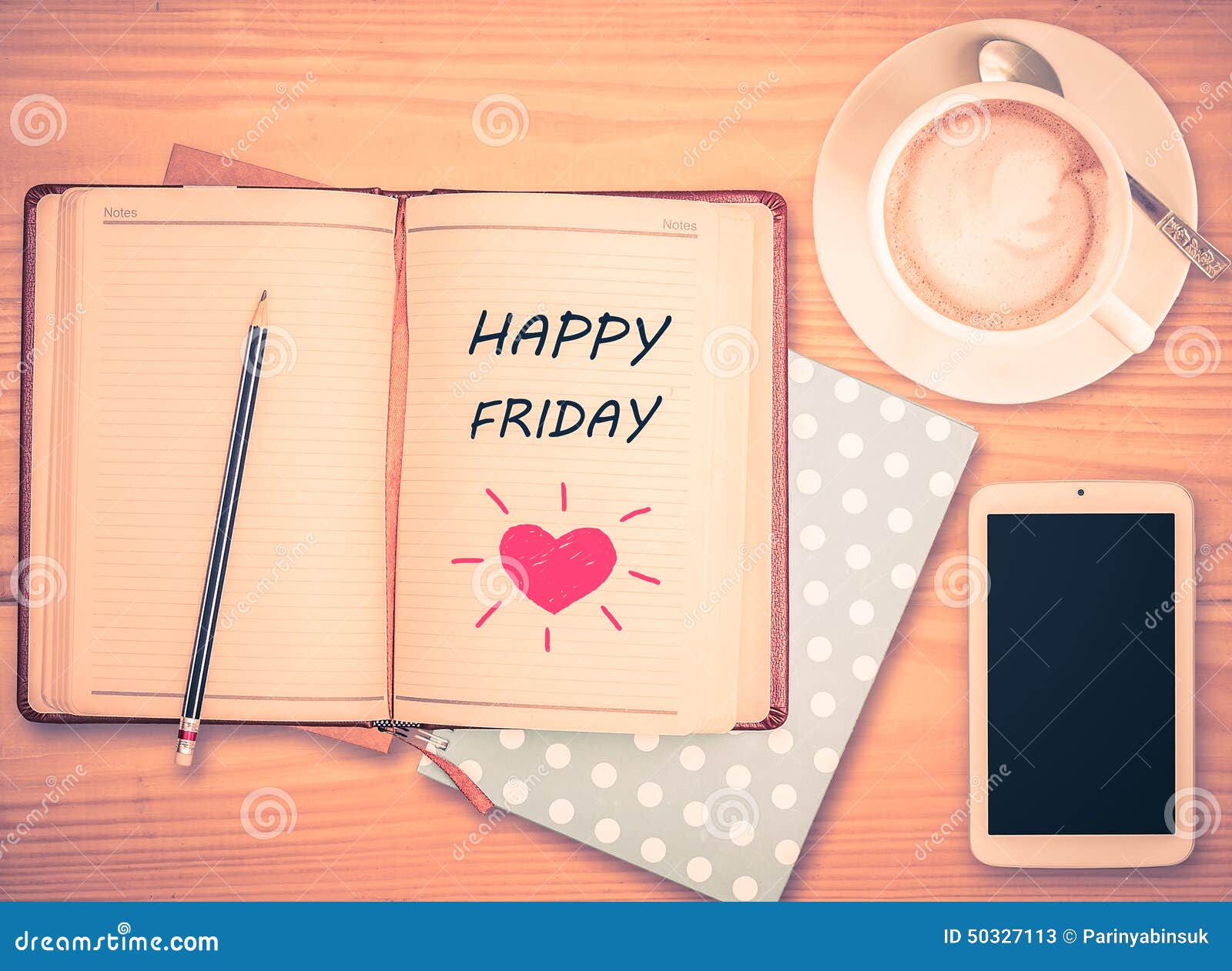 Happy Friday On Notebook , Pencil, Smart Phone And Coffee Cup Stock ...