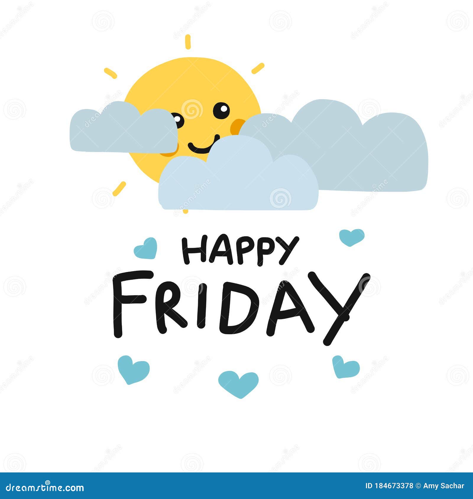 Happy Friday Cute Sun Smile and Cloud Cartoon Illustration Doodle Style ...