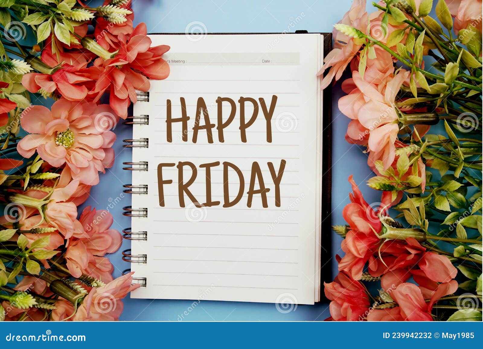 Happy Friday Typography Text on Paper Notebook Flat Lay on Blue ...