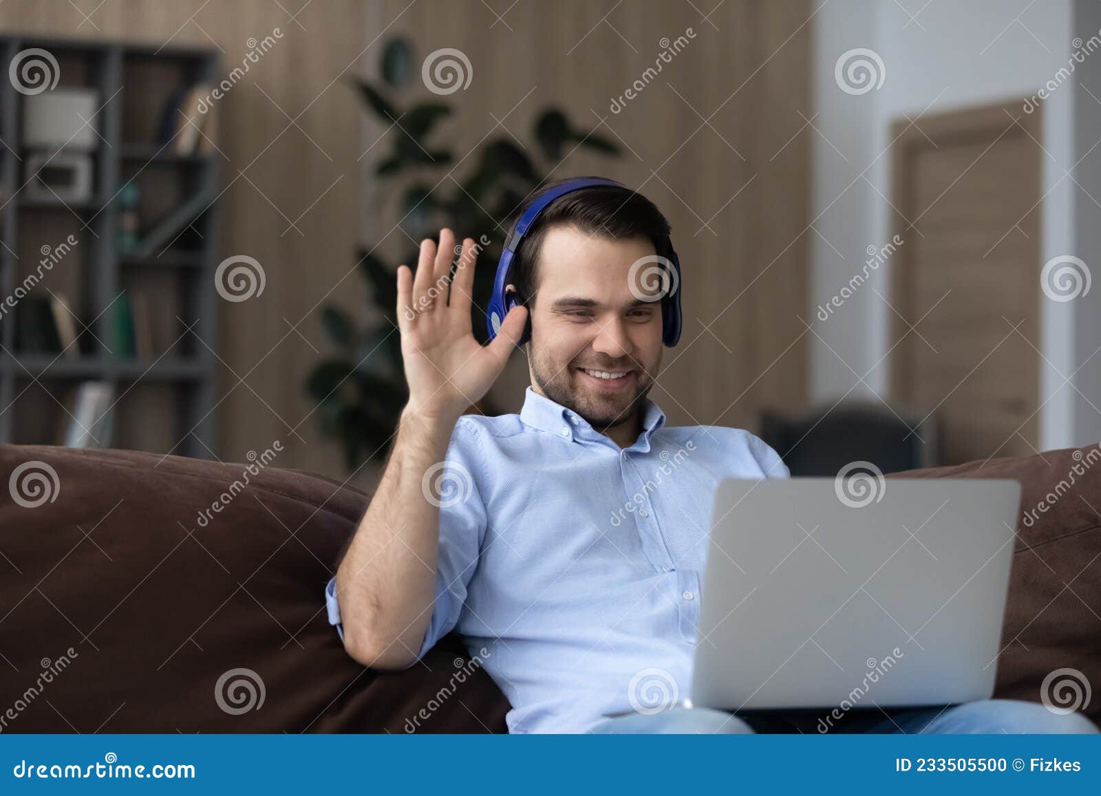 Happy Friendly Young Man Holding Distant Video Call Meeting. Stock ...