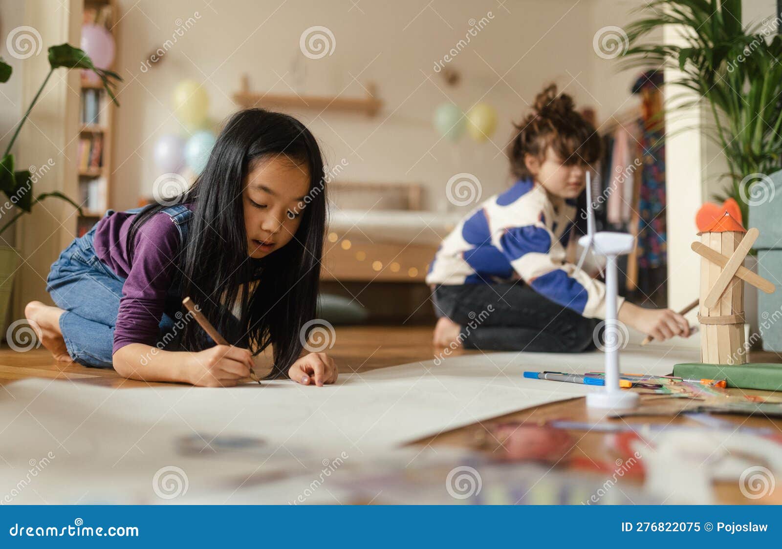 Happy Friends Drawing Together in a Room. Stock Image - Image of ...