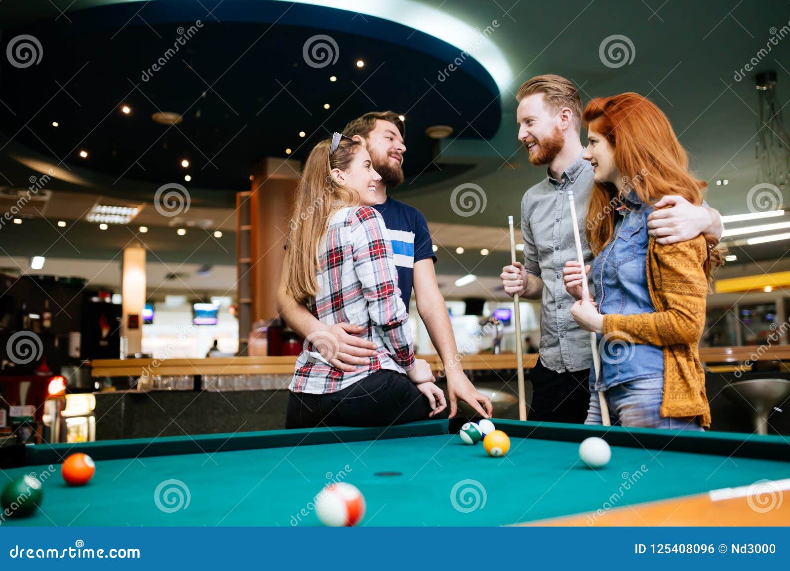 Happy Friends Enjoying Playing Pool Stock Photo - Image of ...
