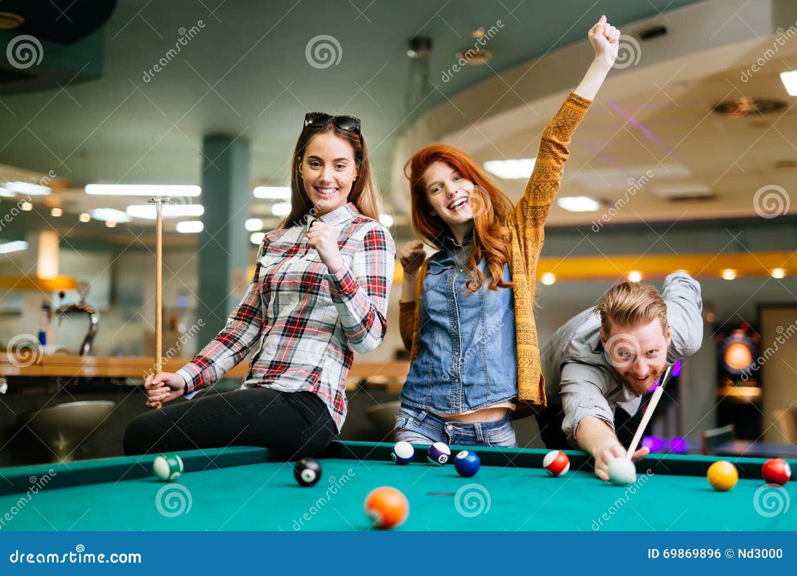 Happy Friends Enjoying Playing Pool Stock Photo - Image of indoors ...
