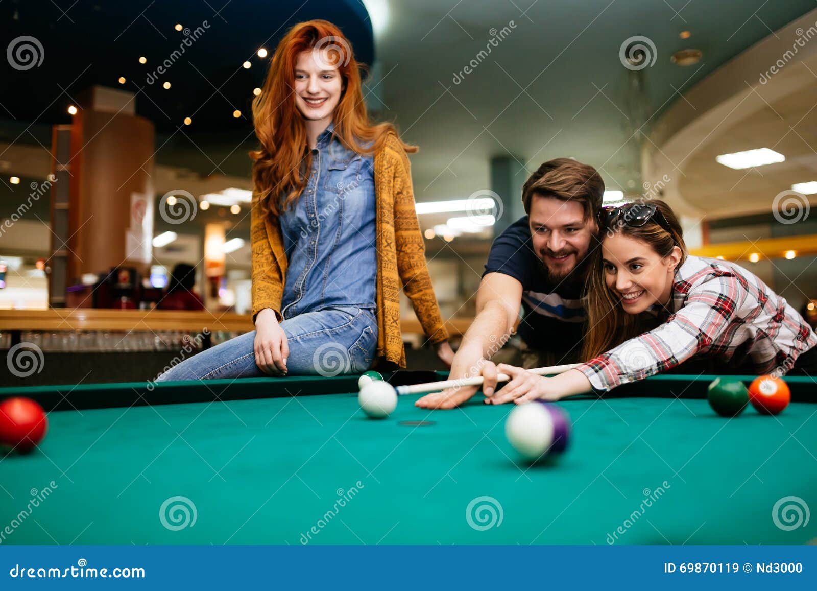Happy Friends Enjoying Playing Pool Stock Image - Image of dating ...