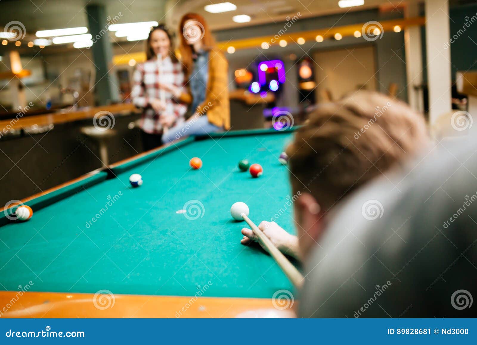 Happy Friends Enjoying Playing Pool Stock Image - Image of portrait ...