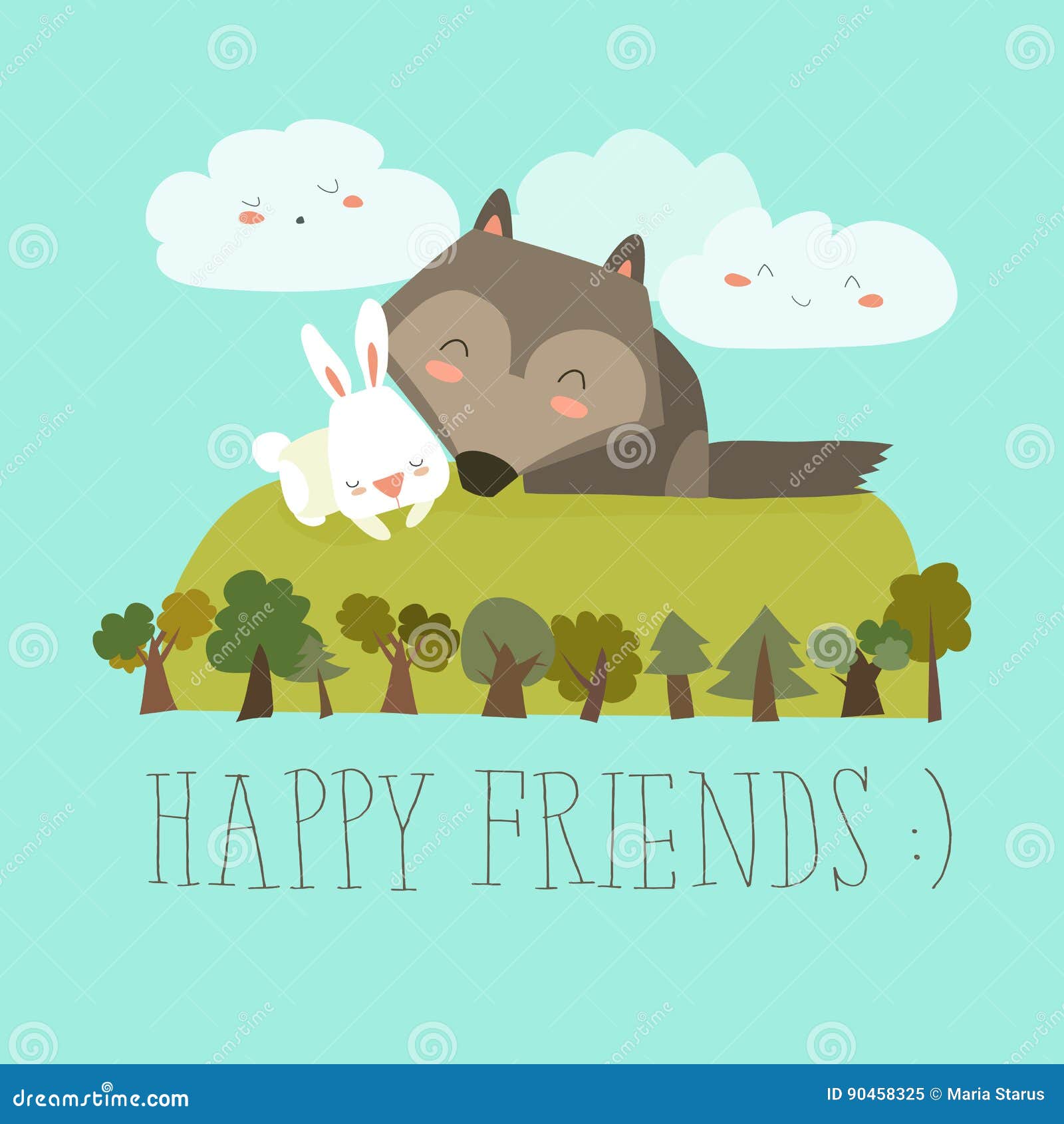 Happy Friends in the Forest. Wolf,rabbit Stock Vector - Illustration of ...