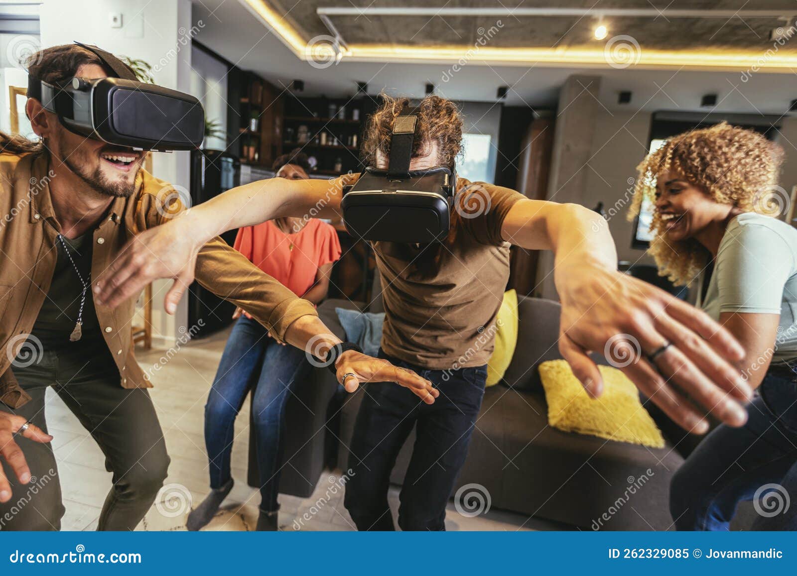 Friends Having Fun with VR in Home Interior Stock Image - Image of ...