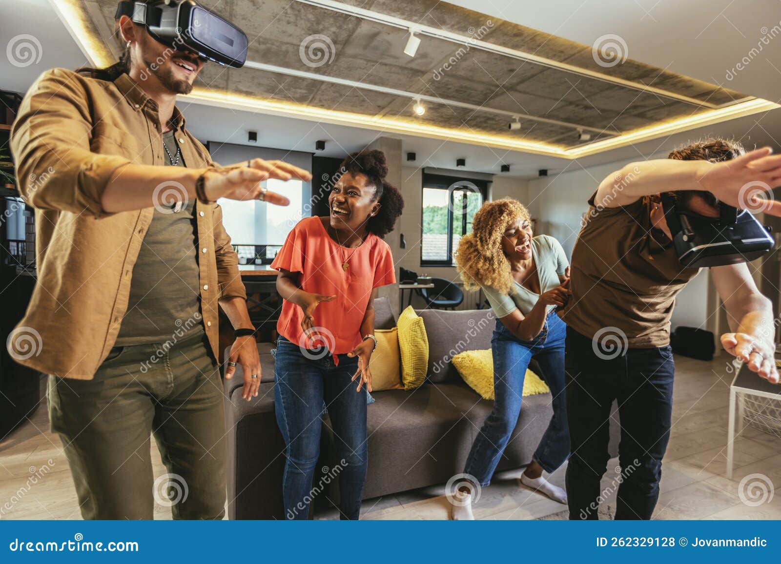 Friends Having Fun with VR in Home Interior Stock Photo - Image of ...