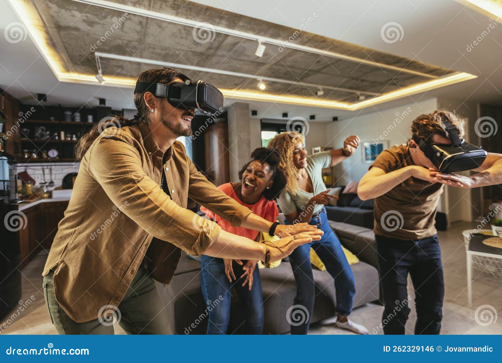 Friends Having Fun with VR in Home Interior Stock Photo - Image of ...
