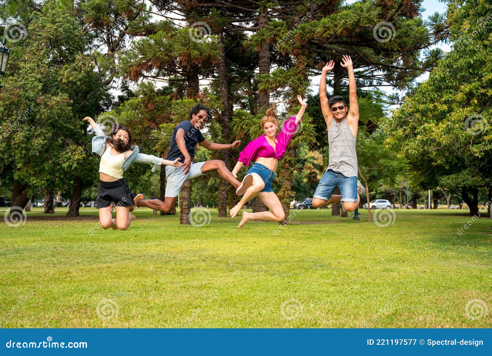 Happy Friends Jumping in the Park Stock Image - Image of meet, friends ...