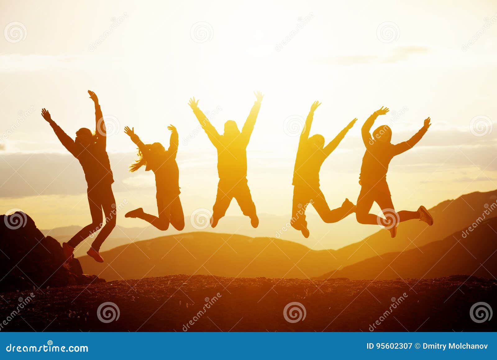 Happy Friends Jumping Sunset Mountains Stock Image - Image of leisure ...