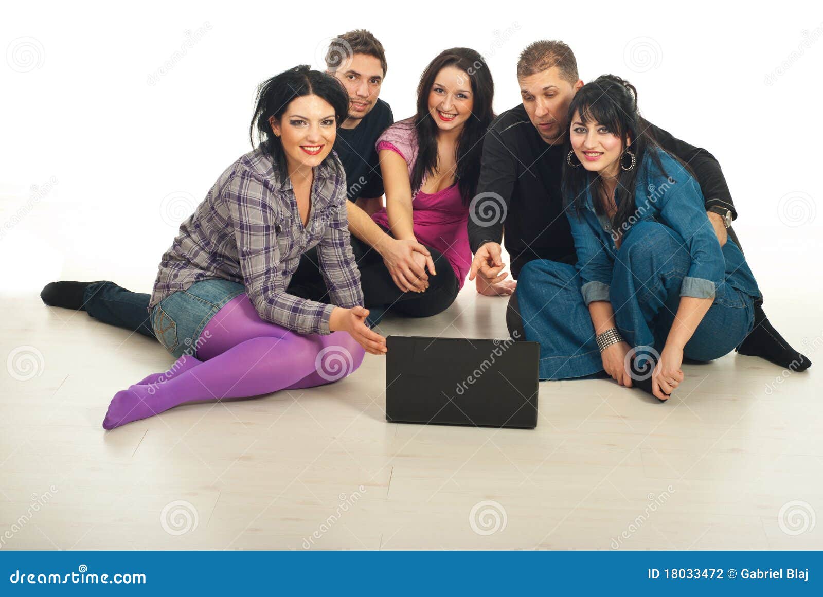 Happy friends with laptop stock photo. Image of attractive - 18033472
