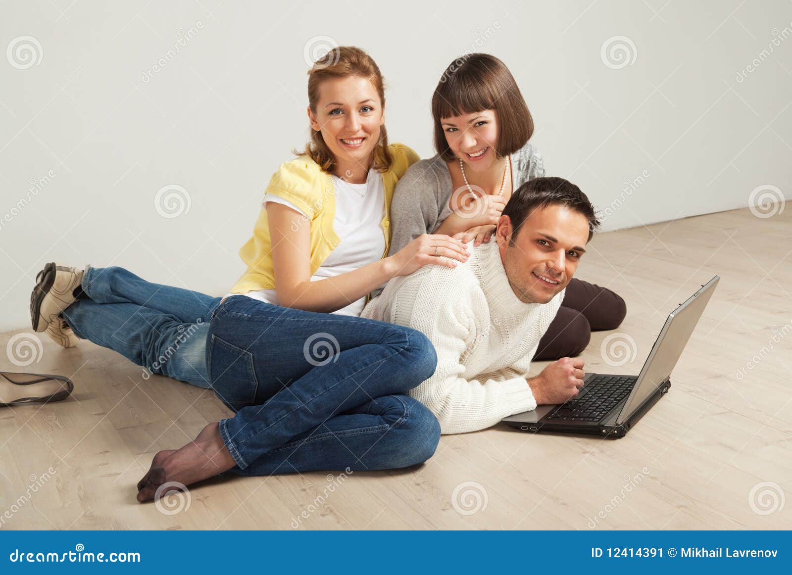 Happy Friends with Laptop Computer Stock Image - Image of gaze, sitting ...