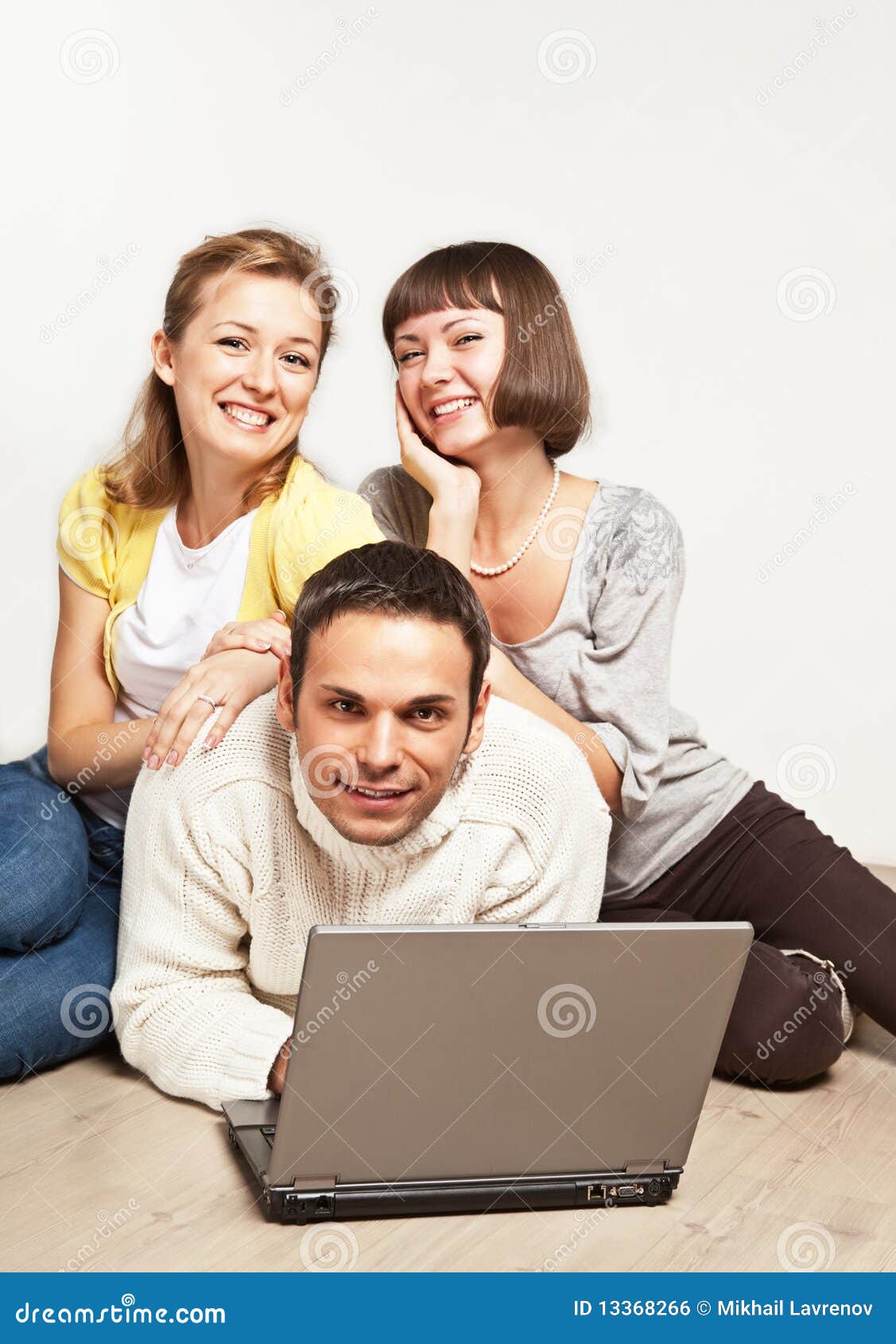 Happy Friends with Laptop Computer Stock Photo - Image of female ...