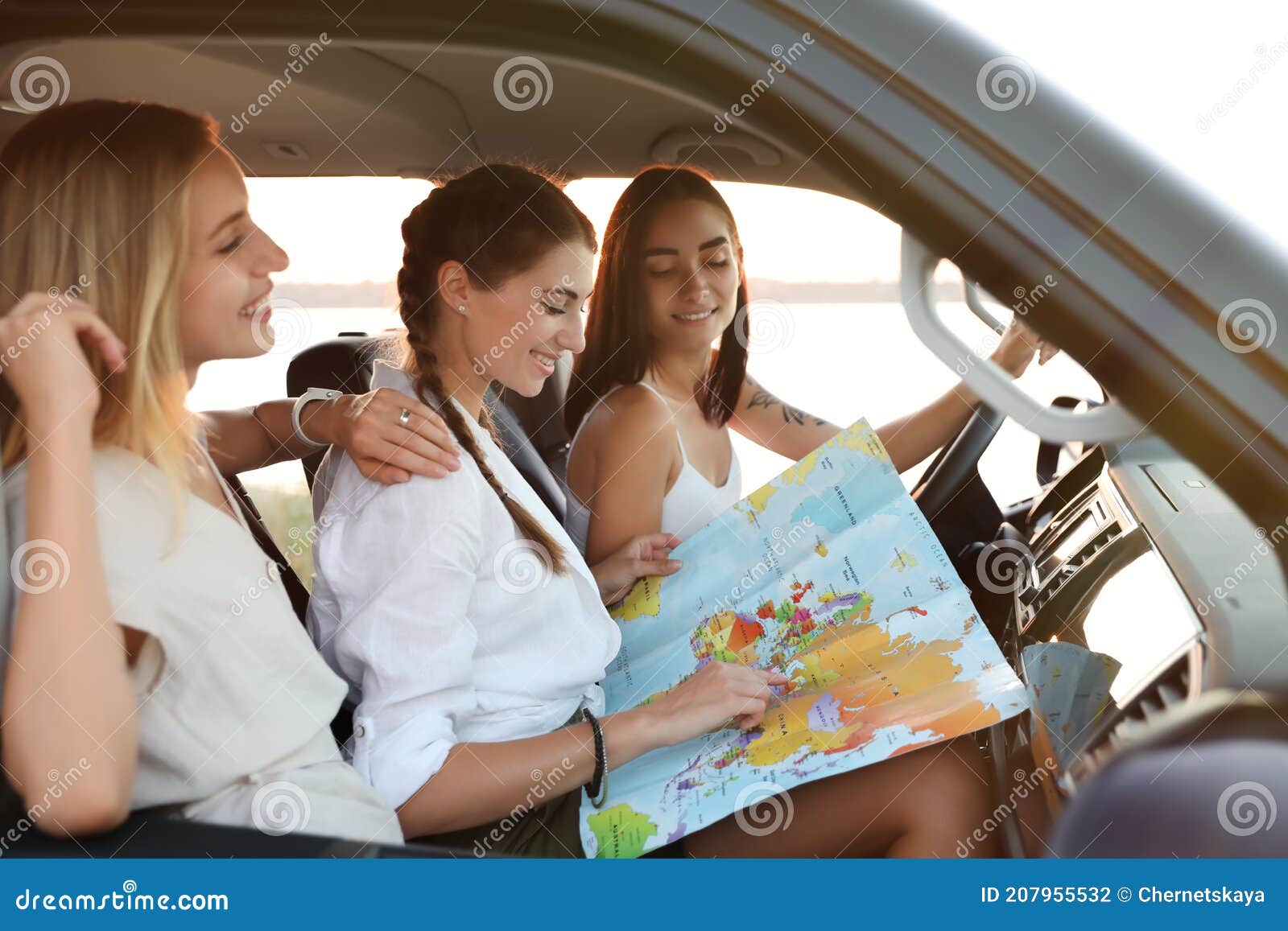 Happy Friends with Map in Car on Road Trip Stock Photo - Image of ...