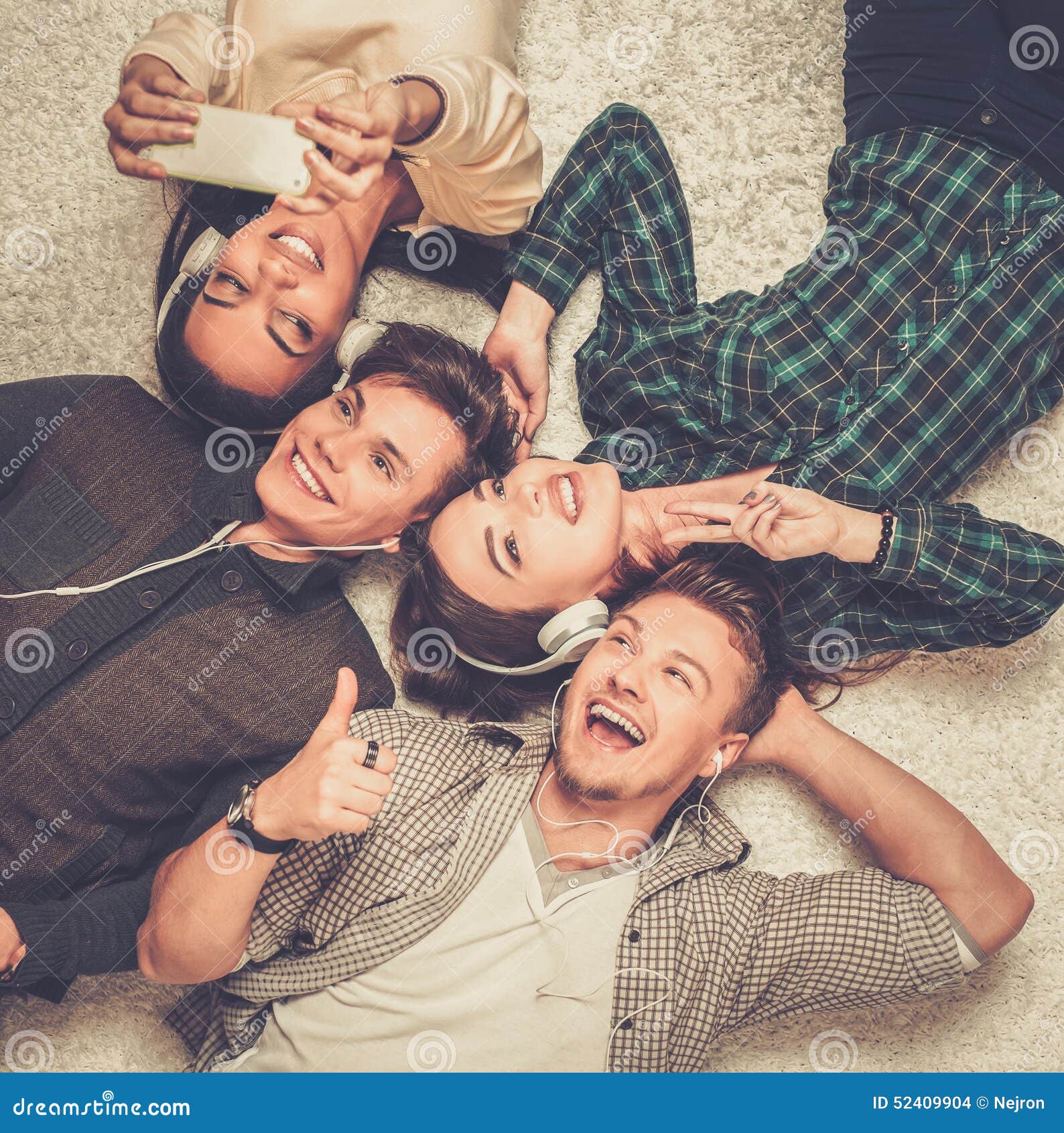 Happy Friends Relaxing with Gadgets Stock Photo - Image of ...