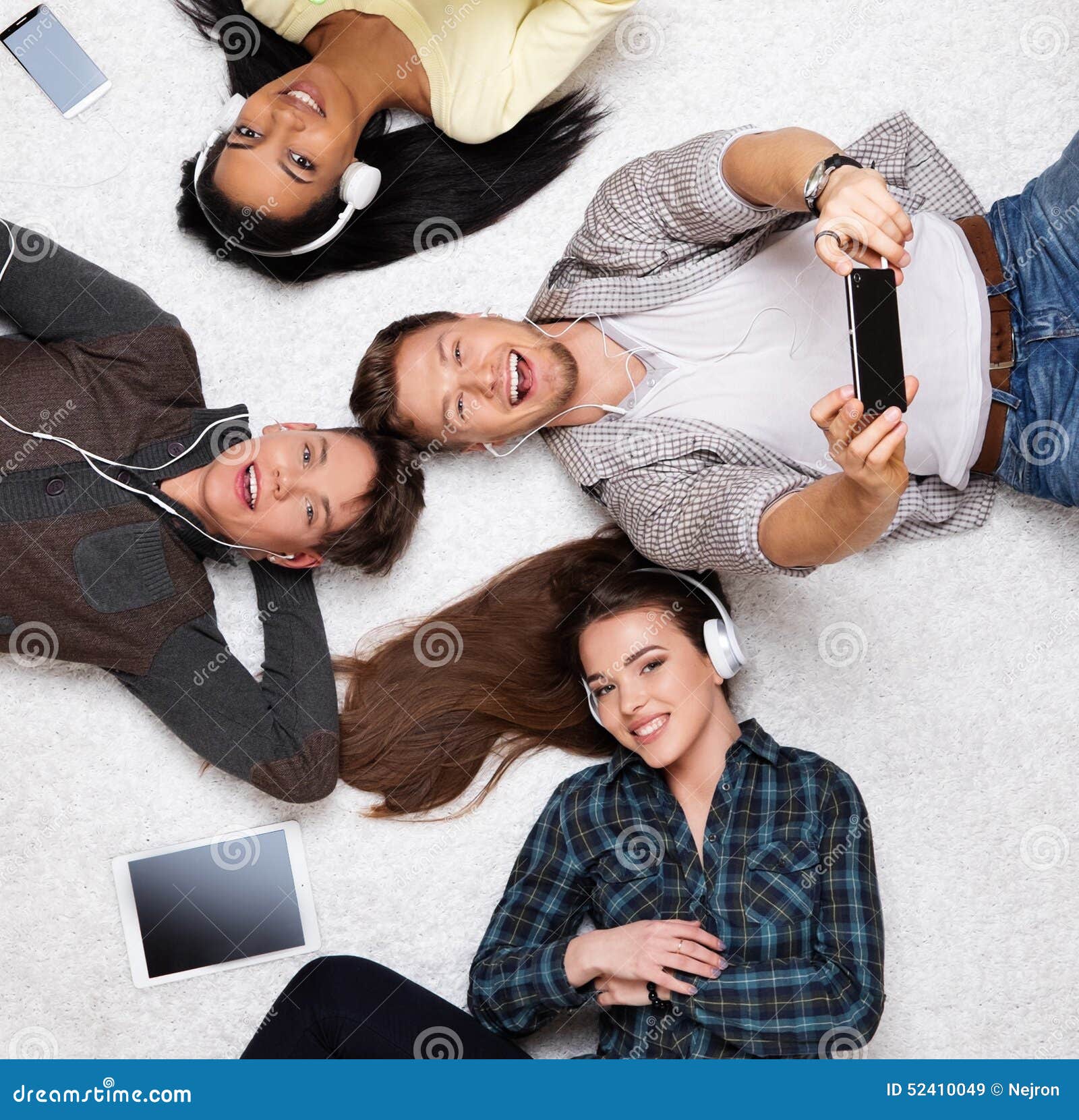 Happy Friends Relaxing with Gadgets Stock Image - Image of multiracial ...