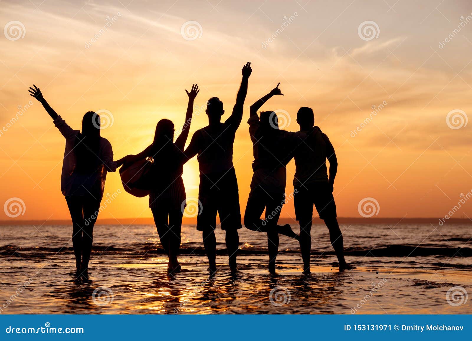 Happy Friends Silhouettes At Sunset Beach Stock Image - Image of summer ...