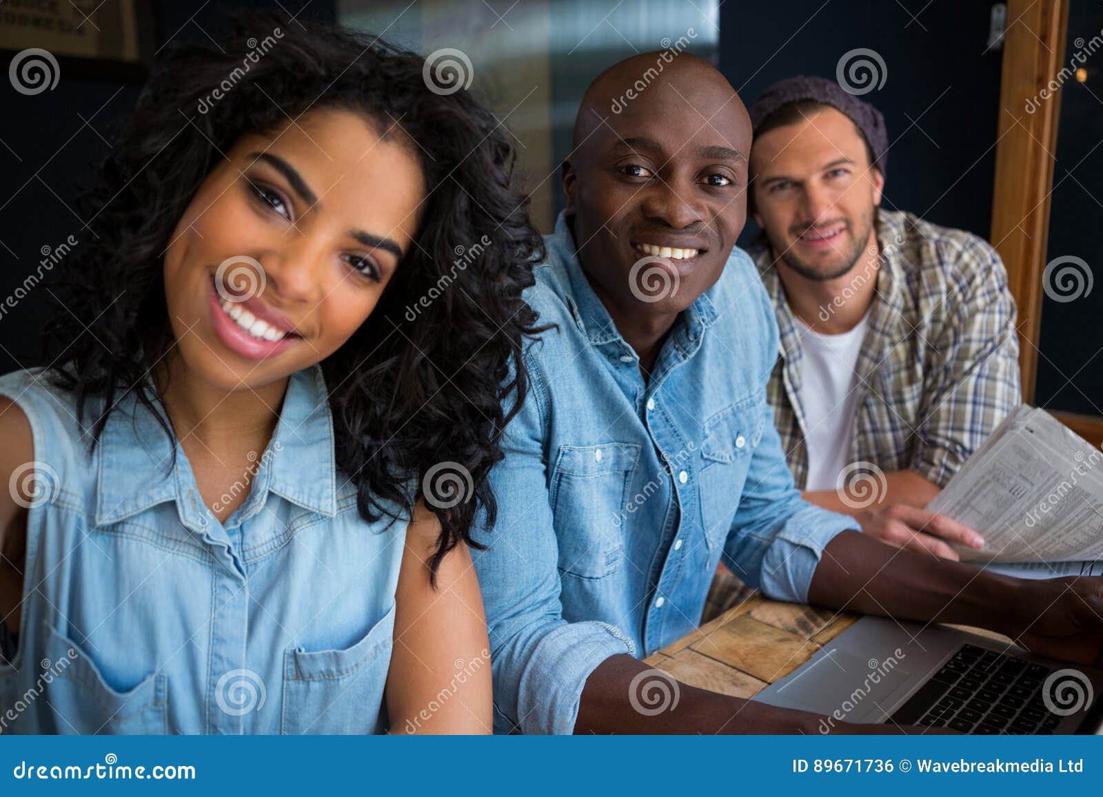 Happy Friends at Table in Coffee House Stock Photo - Image of portrait ...