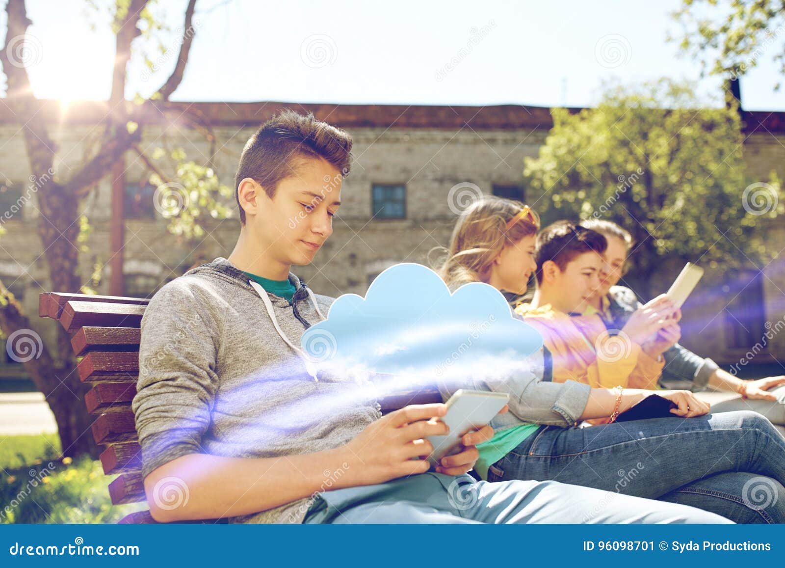 Happy Friends with Tablet Pc Computer Outdoors Stock Image - Image of ...