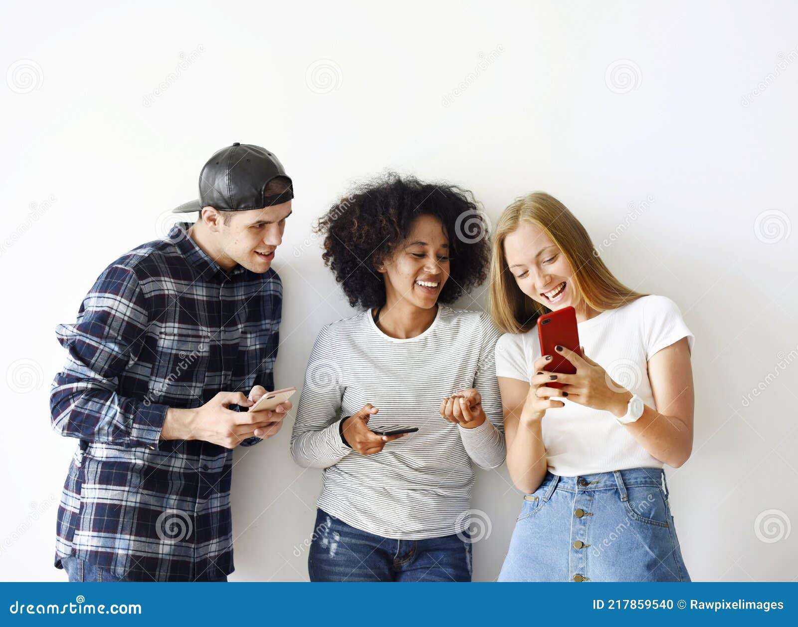 Happy Friends Using Smartphone Together Social Media Concept Stock ...