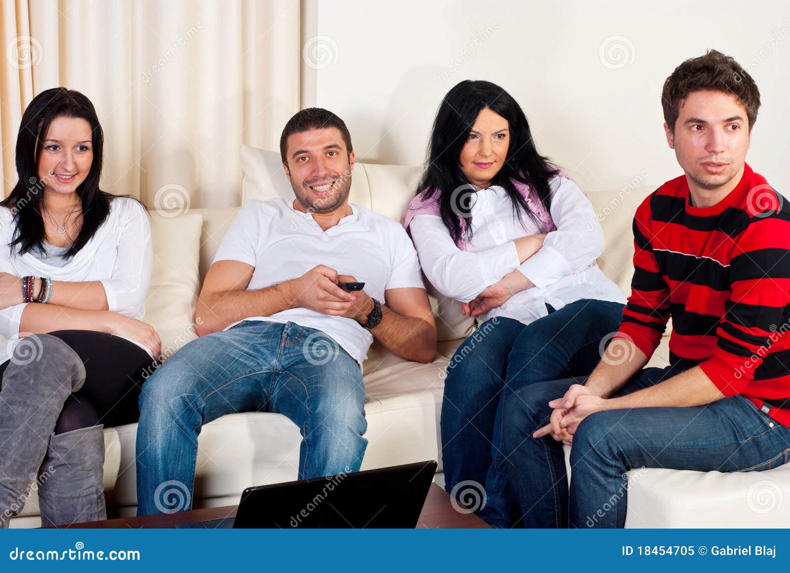 Happy Friends Watching Tv Together Stock Image - Image of males, house ...