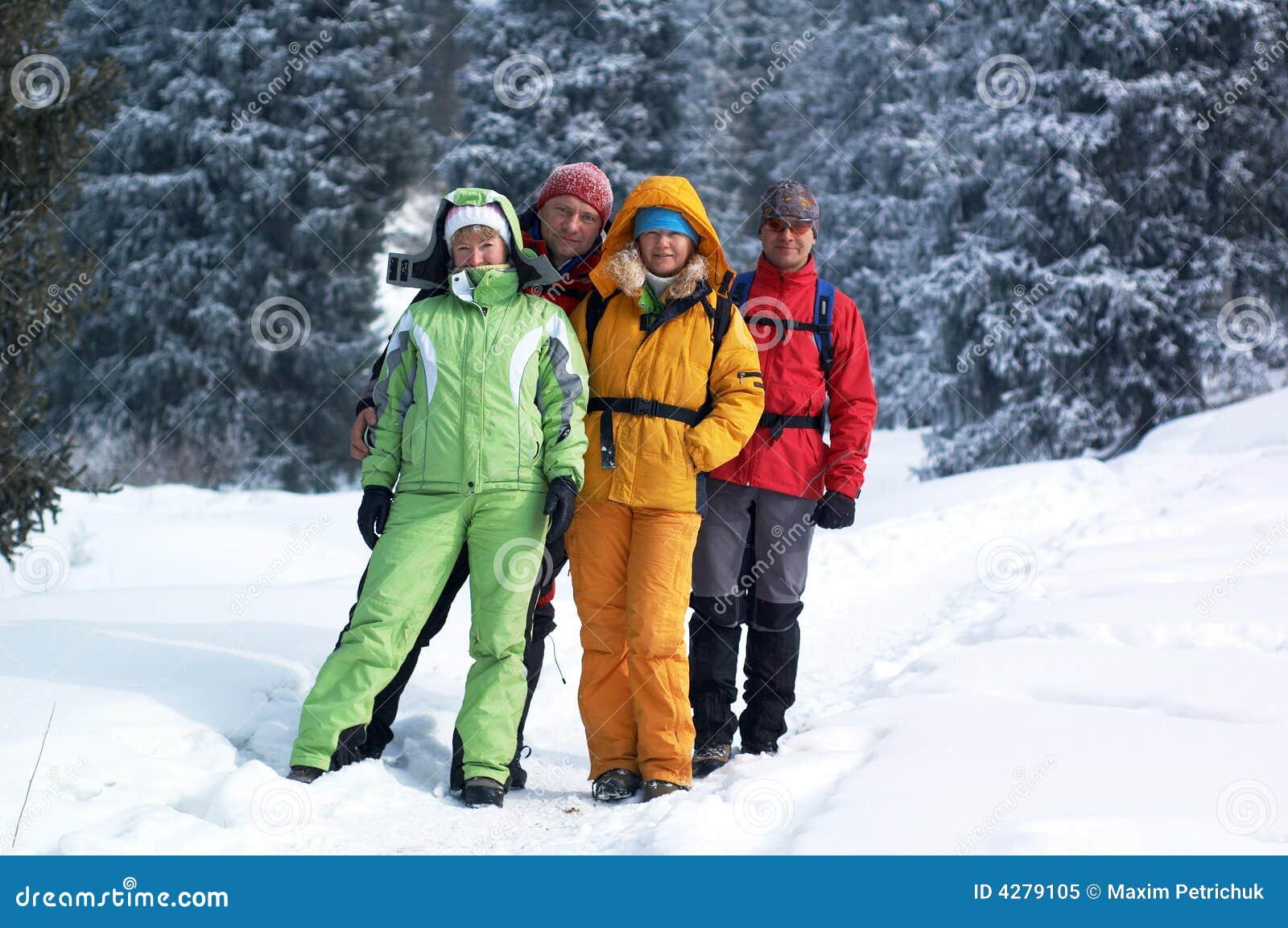 Happy Friends in Winter Forest Stock Image - Image of smiling, people ...